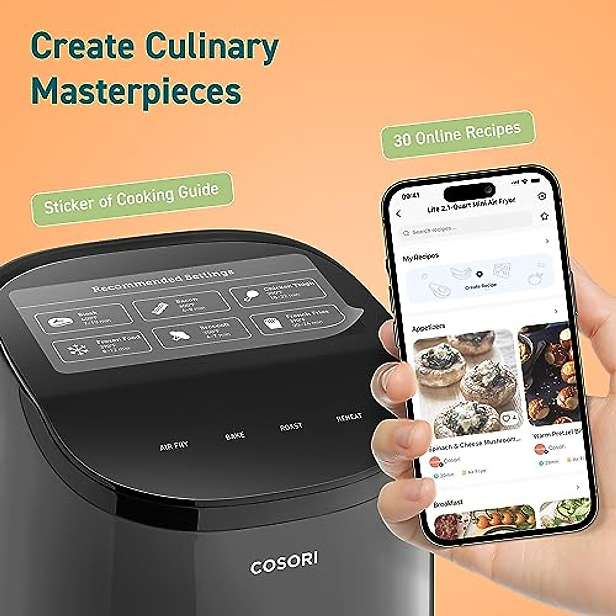 COSORI Small Air Fryer Oven 2.1 Qt, 4-in-1 Mini Airfryer, Bake, Roast, Reheat, Space-saving & Low-noise, Nonstick and Dishwasher Safe Basket, 30 In-App Recipes, Sticker with 6 Reference Guides, Gray