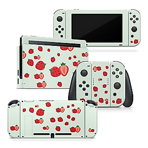 Tacky Design Strawberries Skin Compatible with Nintendo Switch Skin Wrap Cover, Kawaii Green Strawberry Skin for Nintendo Switch Stickers, Premium Vinyl 3M Full Wrap Decal.