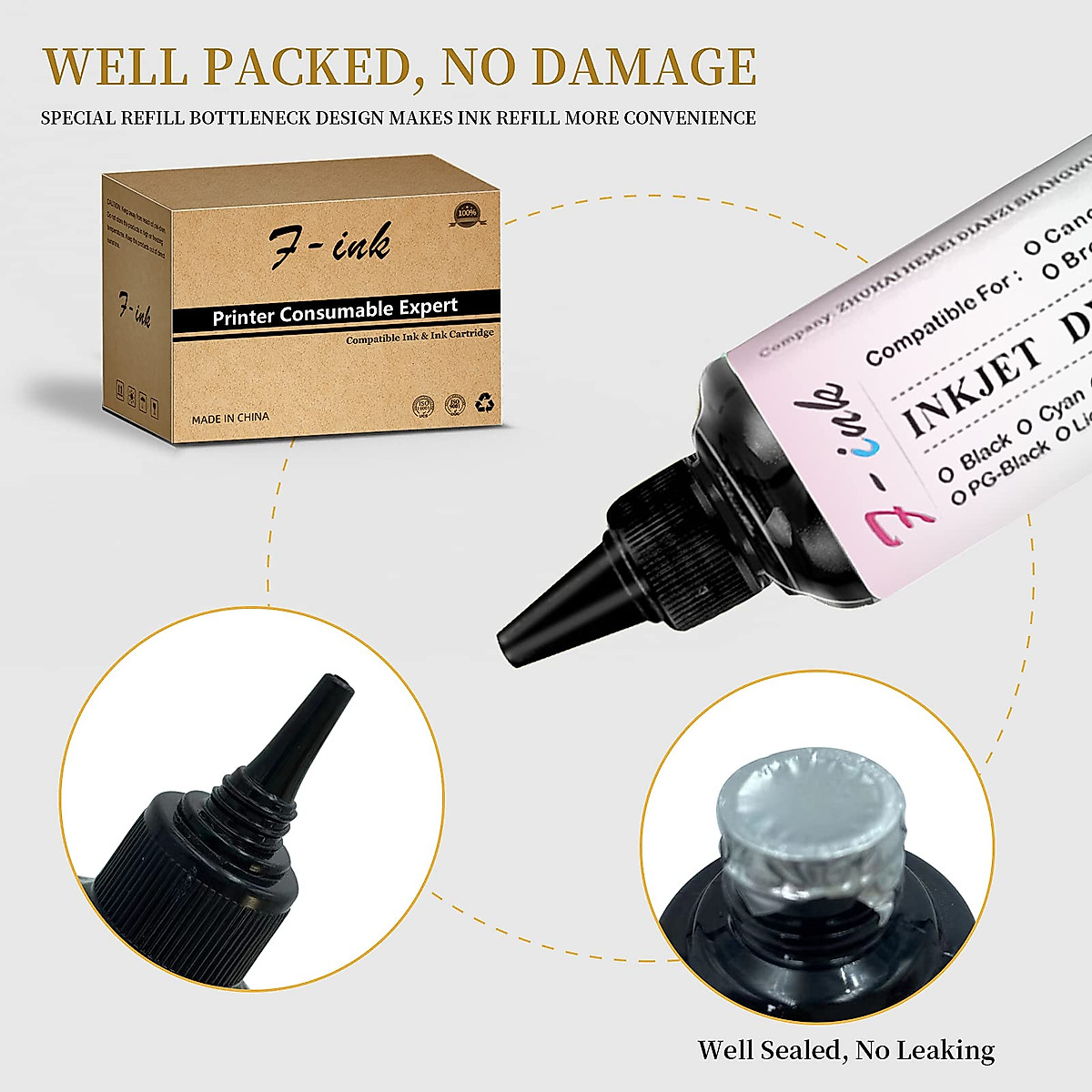 F-ink 5 Bottles Ink and Ink Refill Kits Compatible with Hp Inkjet Ink Cartridges 67XL 662XL 664XL 60XL 61XL 62XL 63XL 64XL 65XL 92XL 94XL 901XL-Ink Tools for Reuse The Cartridge