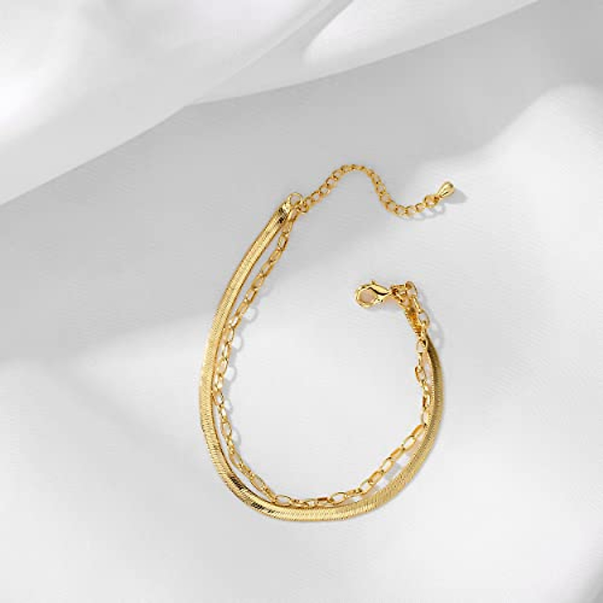 Pencros Gold Layered Bracelet,14K Gold Filled Dainty Herringbone Elegant Pearl Oval Chain Cute Beads Bracelet for Women (Layer Snake Chain Gold)