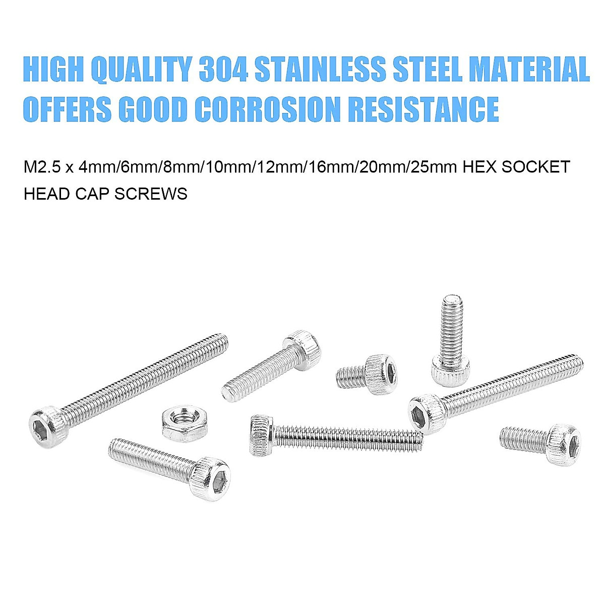 DYWISHKEY 360 Pieces M2.5 x 4mm/6mm/8mm/10mm/12mm/16mm/20mm/25mm, Stainless Steel 304 Hex Socket Head Cap Bolts Screws Washers Nuts Kit with Hex Wrench