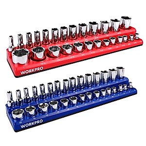 WORKPRO 3/8-inch Magnetic Socket Organizer Set, 2-Piece SAE & Metric Socket Holders, Holds 56 Standard and Deep Sockets for Tool Box, Tool Carts (Sockets Not Included)
