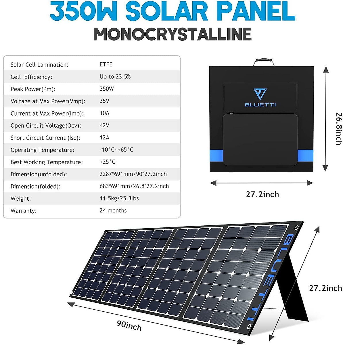 BLUETTI SP350/350W Solar Panel for AC200MAX AC200P AC300 B230 B300 EB240 Solar Generators, Foldable Portable Solar Power Supply with Adjustable Kickstand, Off Grid System for Outdoor Adventure Road