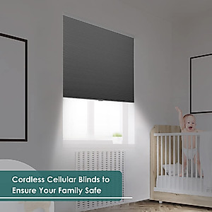 LUCKUP Cellular Shades Cordless Blackout Honeycomb Blinds, Room Darkening Pull Down Window Shade for Bedroom Living Room Nursery, 20'' W x 64'' H, Grey-White