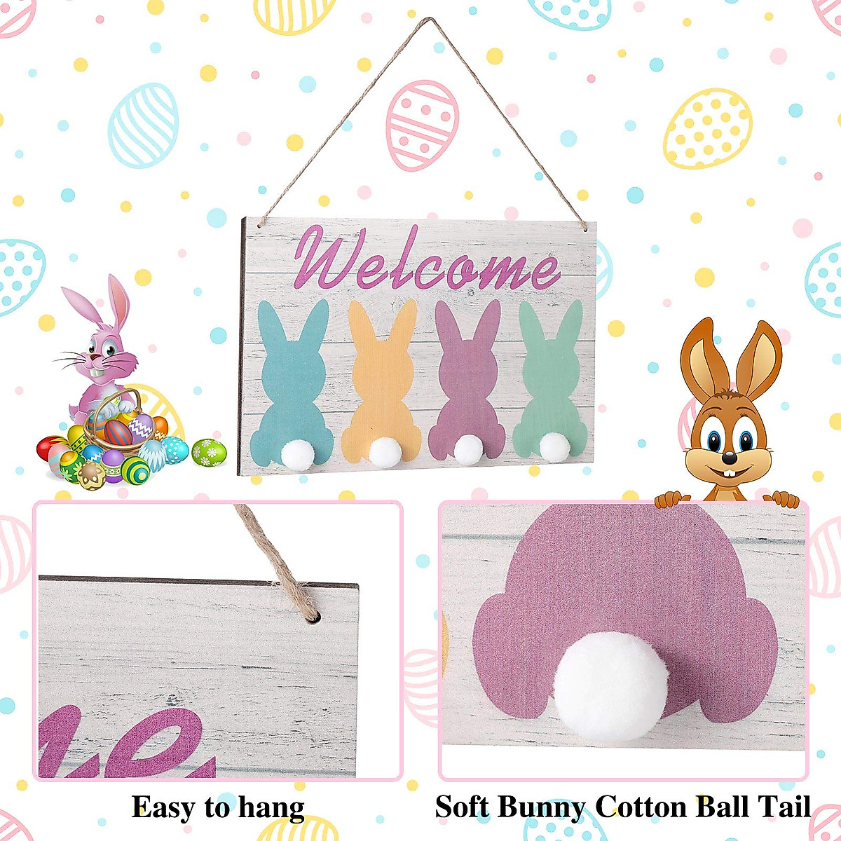 2 Pieces Happy Easter Wooden Sign Easter Hanging Wood Decor Easter Welcome Door Sign Gnome Bunny Eggs Wood Easter Decorations for Home Garden Spring Party, 12 x 7.8 Inch