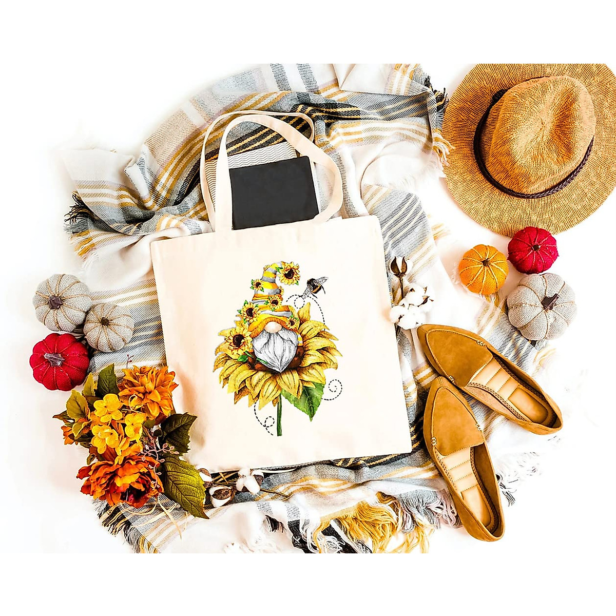 GXVUIS Canvas Tote Bag for Women Aesthetic Sunflower Gnome Reusable Grocery Shoulder Shopping Bags Girls Gifts White