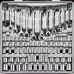 CARTMAN 205 Piece Tool Set Ratchet Wrench with Sockets Kit in Plastic Toolbox Red