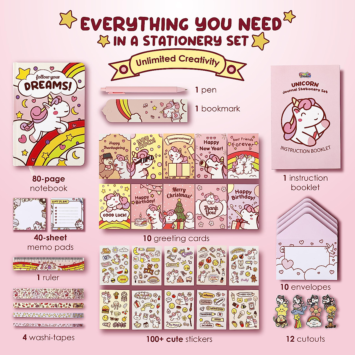 Unicorn Journal Stationary Set, Unicorns Gifts For Girls Age 5 6 7 8 9 10 12 Year Old, Big Cute Stationery Writing Pink Sticker Art, Kid Diary Notebook Pen Set, DIY Journaling Kit, Kawaii Toys