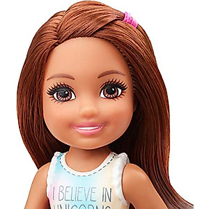 Barbie Club Chelsea Doll (6-inch Brunette) Wearing Unicorn-Themed Graphic and Star Skirt, for 3 to 7 Year Olds