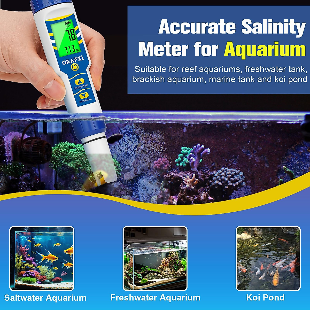 ORAPXI Pool Salt Tester Salinity Meter 6 in 1- Salt Ph ORP TDS EC Temp Meter pH Meter for Pool Salt pH ORP Tester pH and EC Tester for Hydroponics, Saltwater Pool, Hot Tubs, Aquarium