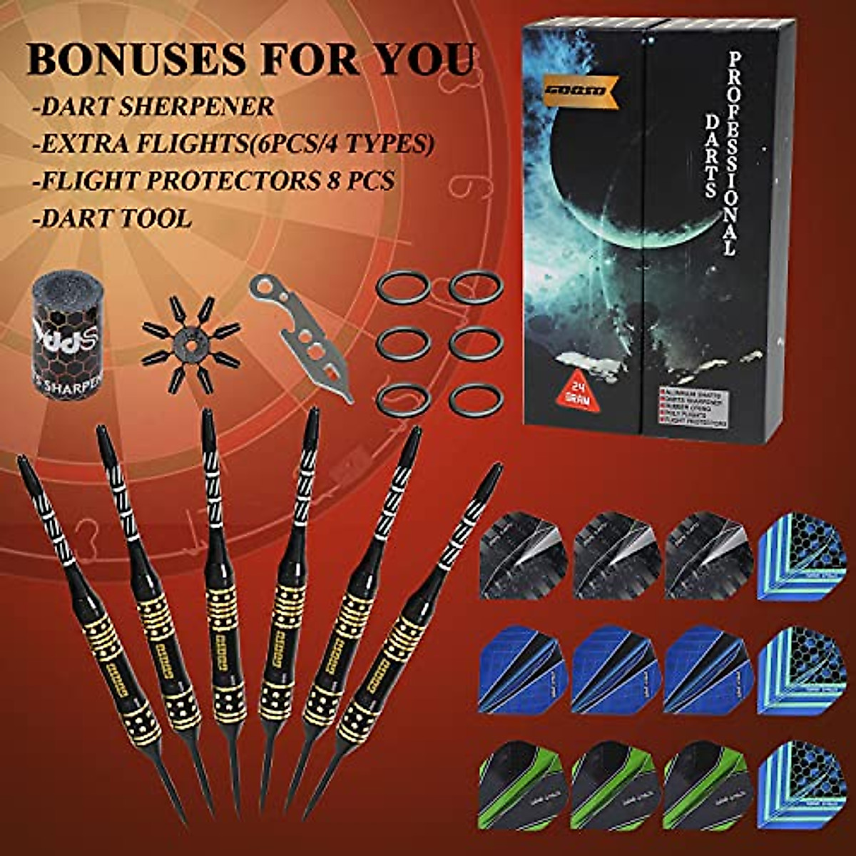 GOOSO Professional Steel Tip Darts Set | 24g/22g/20g/18g Brass Barrel with 12pcs Dart Flights + Dart Sharpener + Magnetic Case + Darts Tool (6 Pack)