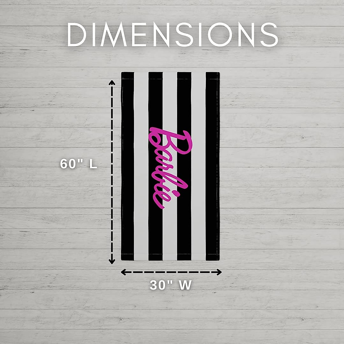 Franco Barbie Barbiecore Black & White Striped Soft Cotton Bath/Pool/Beach Towel, 60 in x 30 in, (Official Licensed Barbie Product)