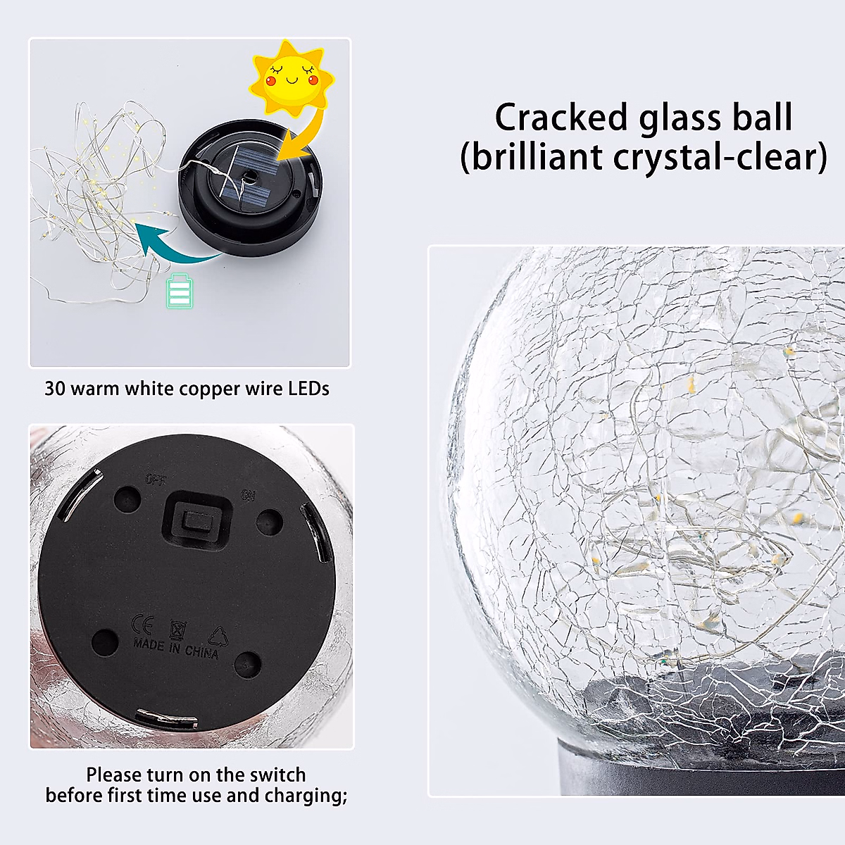 Darkdec Solar Globe Lights Outdoor Snail Garden Decor - 2 Pack Cracked Glass Solar Ball Lights Warm White Metal Snail Garden Lights Solar Powered Waterproof for Patio Yard Lawn