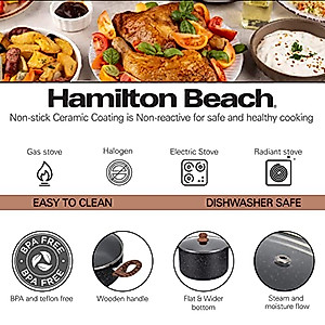 Hamilton Beach 8.5 Quart Nonstick Marble Coating Even Heating Round Dutch Oven Pot with Glass Lid and Wooden Like Soft Touch Handle, Dutch Oven Pot, Braising, Roasting
