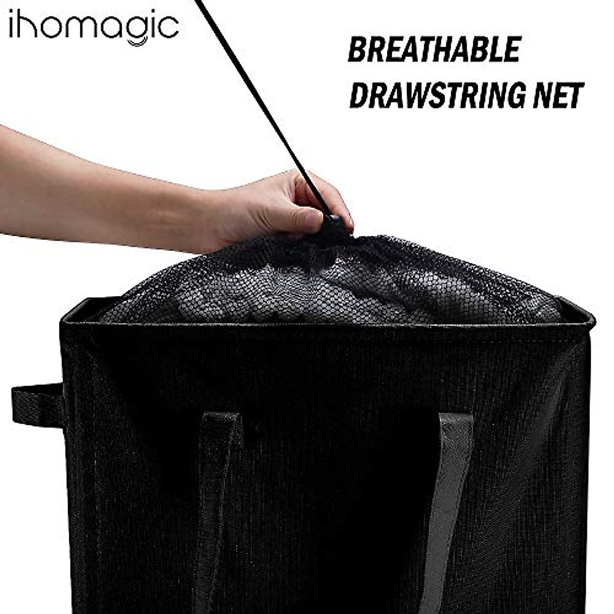 IHOMAGIC 45L Laundry Hamper, Slim Portable Laundry Washing Basket with Long Handles, Rectangular Thin Tall Laundry Bins Foldable Waterproof Oxford Fabric, Dirty Clothes Organizer for Bedroom (Black)