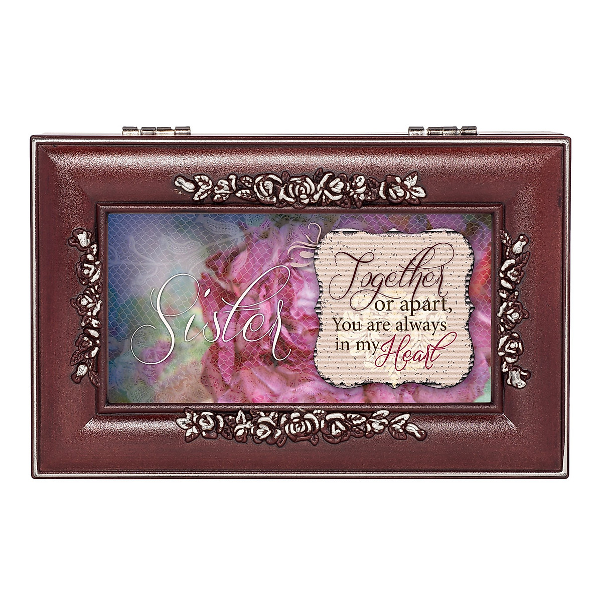 Cottage Garden Sister Always in My Heart Rosewood Finish Embossed Jewelry Music Box - Plays Tune Canon in D