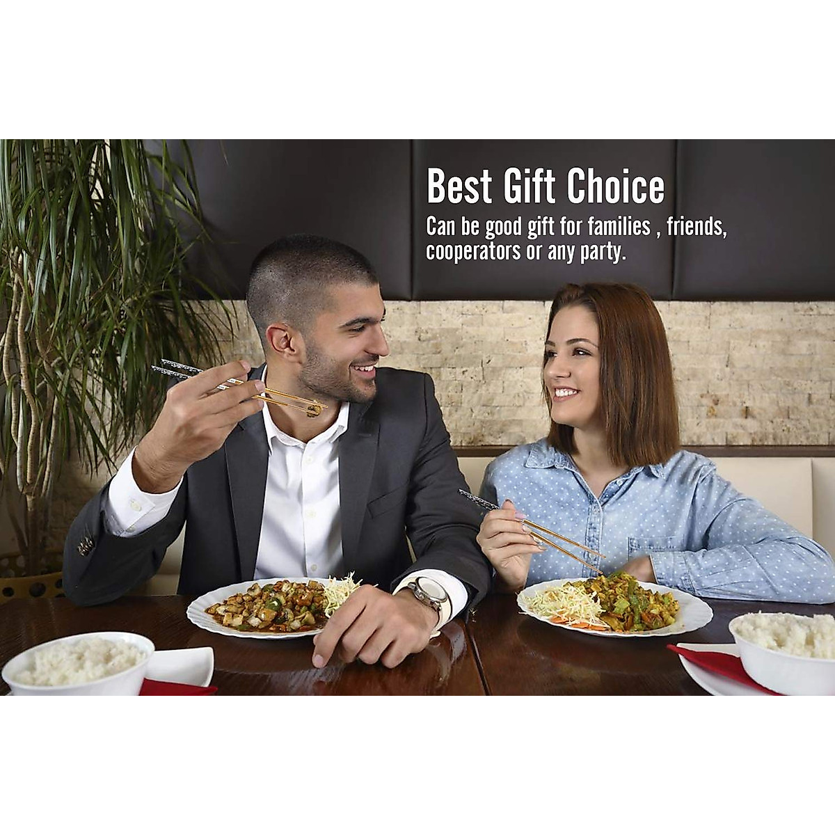 Metal Chopsticks Titanium Plated Stainless Steel Chopsticks Reusable Dishwasher safe Japanese Korean Chopstick lightweight Anti-slip Chop sticks 2 Pairs Blue Gold and 2 Pairs Black Gold Bundle Set