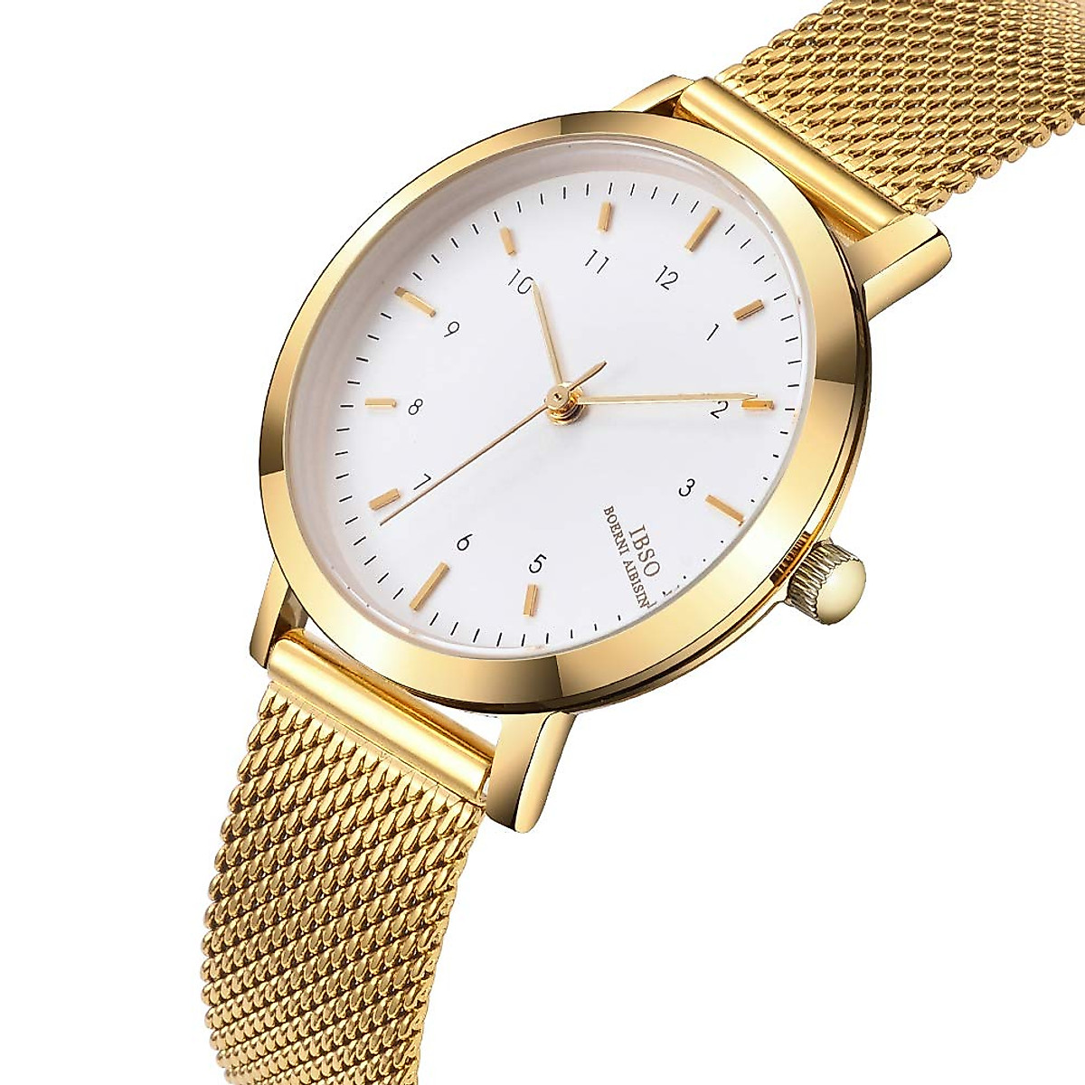IBSO Women Stainless Steel Band Watches Ladies Quartz Wristwatches Waterproof Mesh Bracelet Watch Relogio Feminino (3639 Gold)