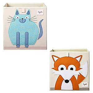 3 Sprouts Large 13 Inch Square Children's Foldable Fabric Storage Cube Organizer Box Soft Toy Bin 2 Piece Bundle with Blue Cat and Orange Fox Designs