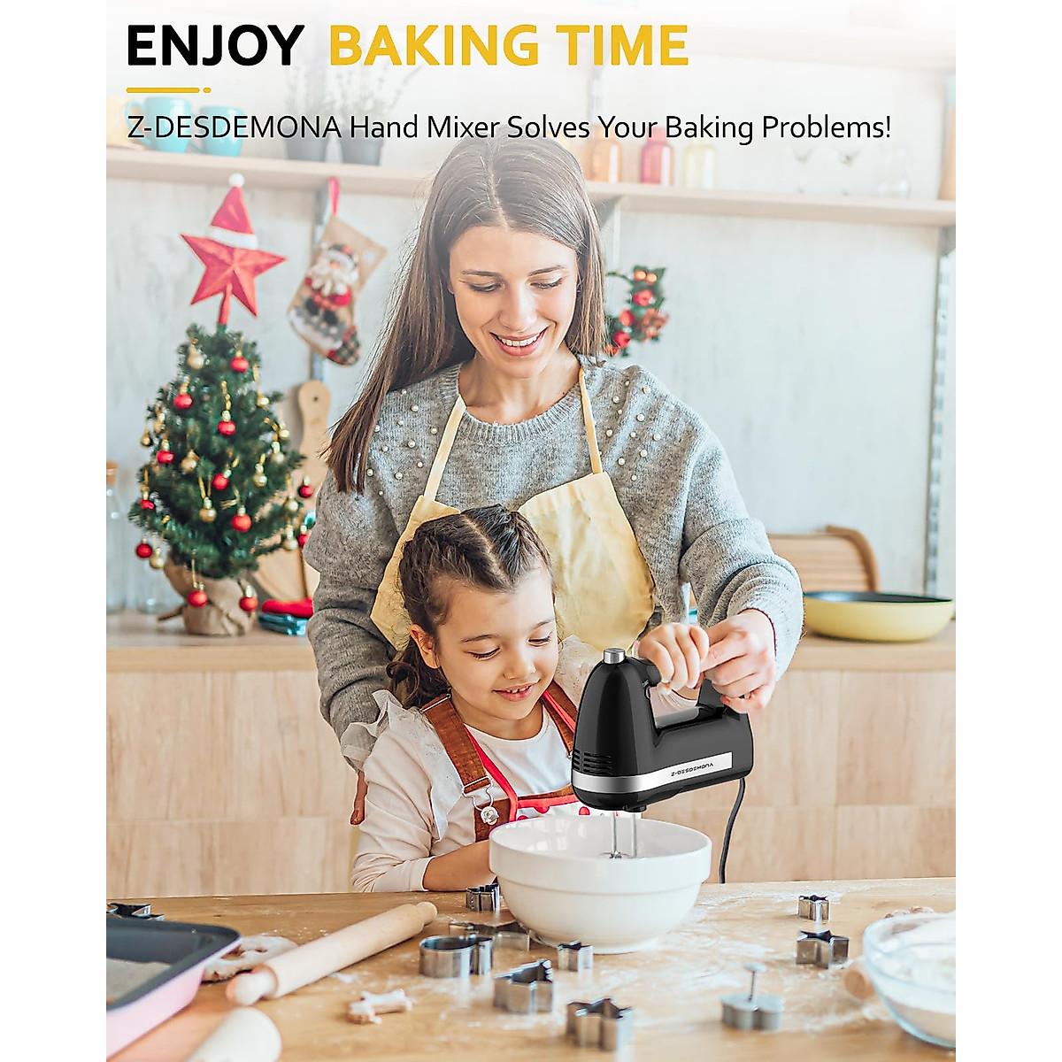 Z-DESDEMONA Electric Hand Mixer, Powerful 300W Hand Mixer Electric Handheld with 304 Beaters, Dough Hook,Hand Held Mixer with Turbo for Baking Cakes, Eggs, Cream Food(Black)