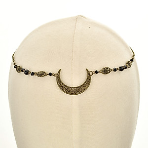 Merroyal Moon Head Chain Vintage Crystal Headpieces Hair Acessories with 2 Pairs Latex Elf Ear for Women (Bronze)