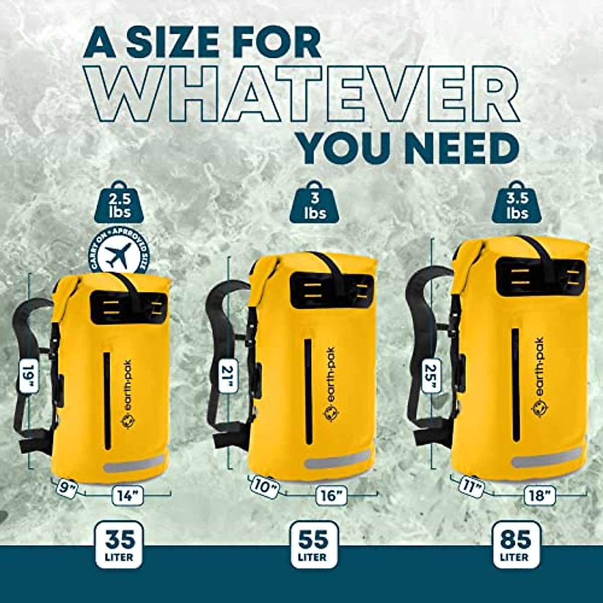 Earth Pak Waterproof Backpack: 35L / 55L / 85L Heavy Duty Roll-Top Closure with Easy Access Front-Zippered Pocket and Cushioned Padded Back Panel for Comfort with IPX8 Waterproof Phone Case