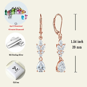 YL Wedding Dangle Drop Earrings for Brides Bridesmaid 925 Sterling Silver Prom Bridal Leverback Earring Rose Gold Cubic Zirconia Jewelry for Women