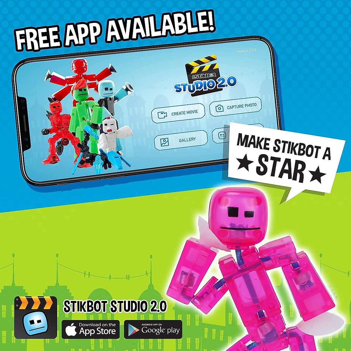 StikBot Zing, Set of 8 Clear Collectable Action Figures and Mobile Phone Tripod, Create Stop Motion Animation, Great for Kids Ages 4 and Up