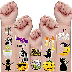 Partywind 36 Styles Metallic Glitter Halloween Temporary Tattoos for Kids, Halloween Decorations Birthday Party Favors Supplies, Halloween Goodie Bag Fillers Games for Boys and Girls (2 Sheets)
