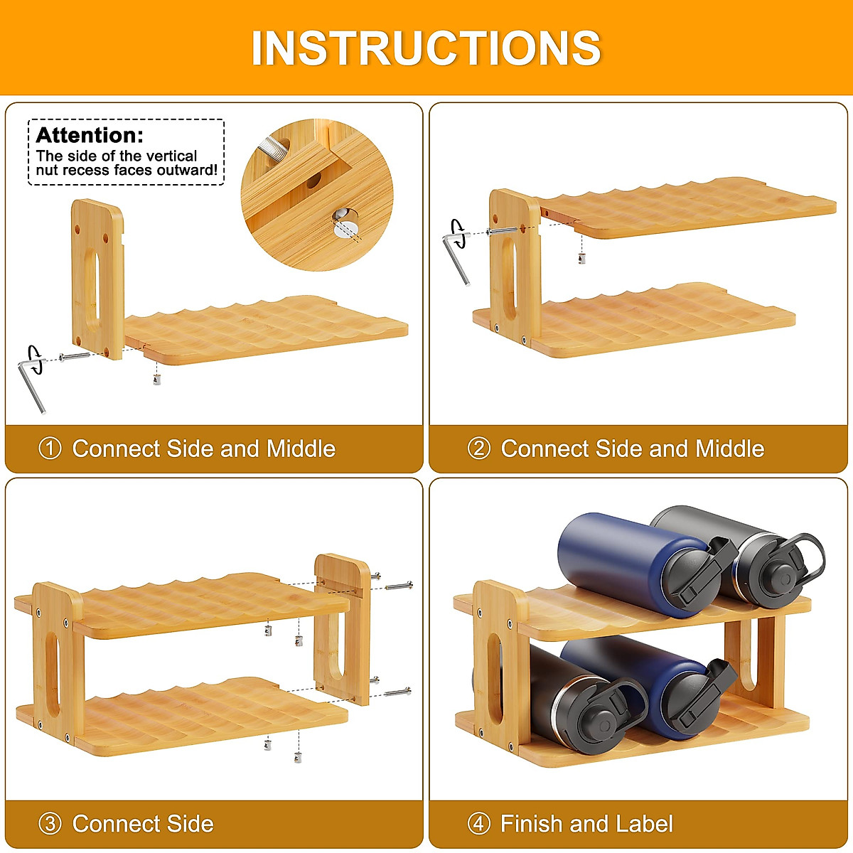 Greenual Bamboo Water Bottle Organizer for Cabinet with Labels, Kitchen Pantry Water Bottle Storage Rack for Cabinets, Home Cup and Wine Bottle Holder Shelf Organizers, (2-Tier, Hold 6 Bottles)