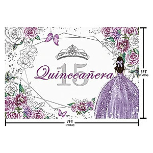 Sendy 7x5ft Quinceanera 15th Birthday Backdrop for Sweet Girl Mis Quince Anos 15th Party Decorations Purple Silver Glitter Floral Crown Butterfly Banner Photography Background Cake Table Prop