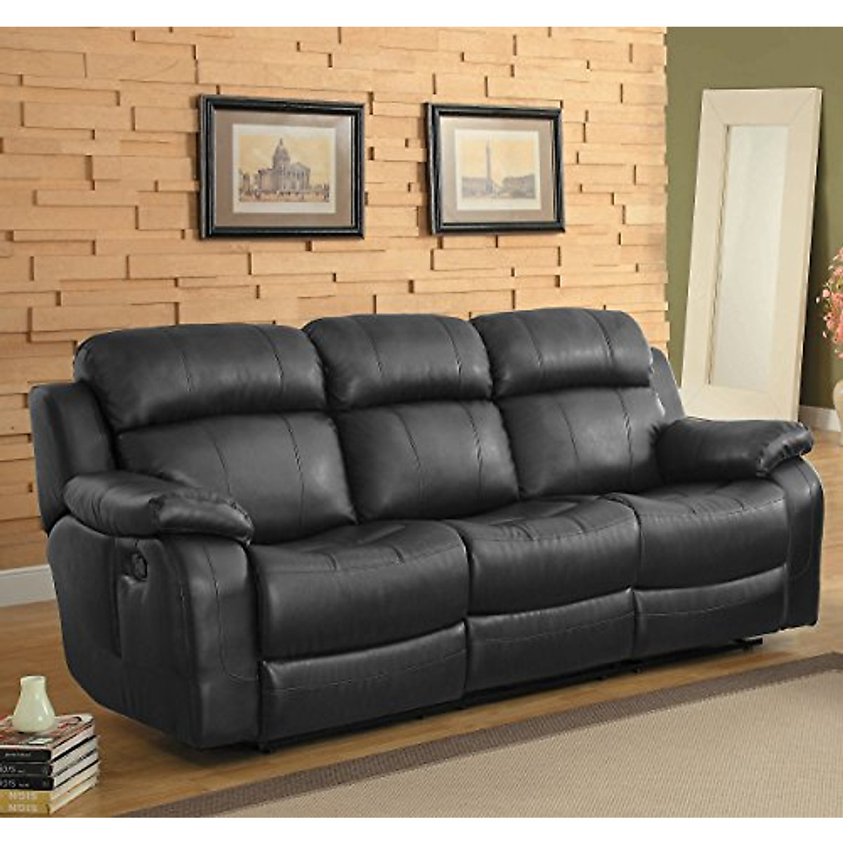 Homelegance Marille Reclining Sofa w/ Center Console Cup Holder, Black Bonded Leather