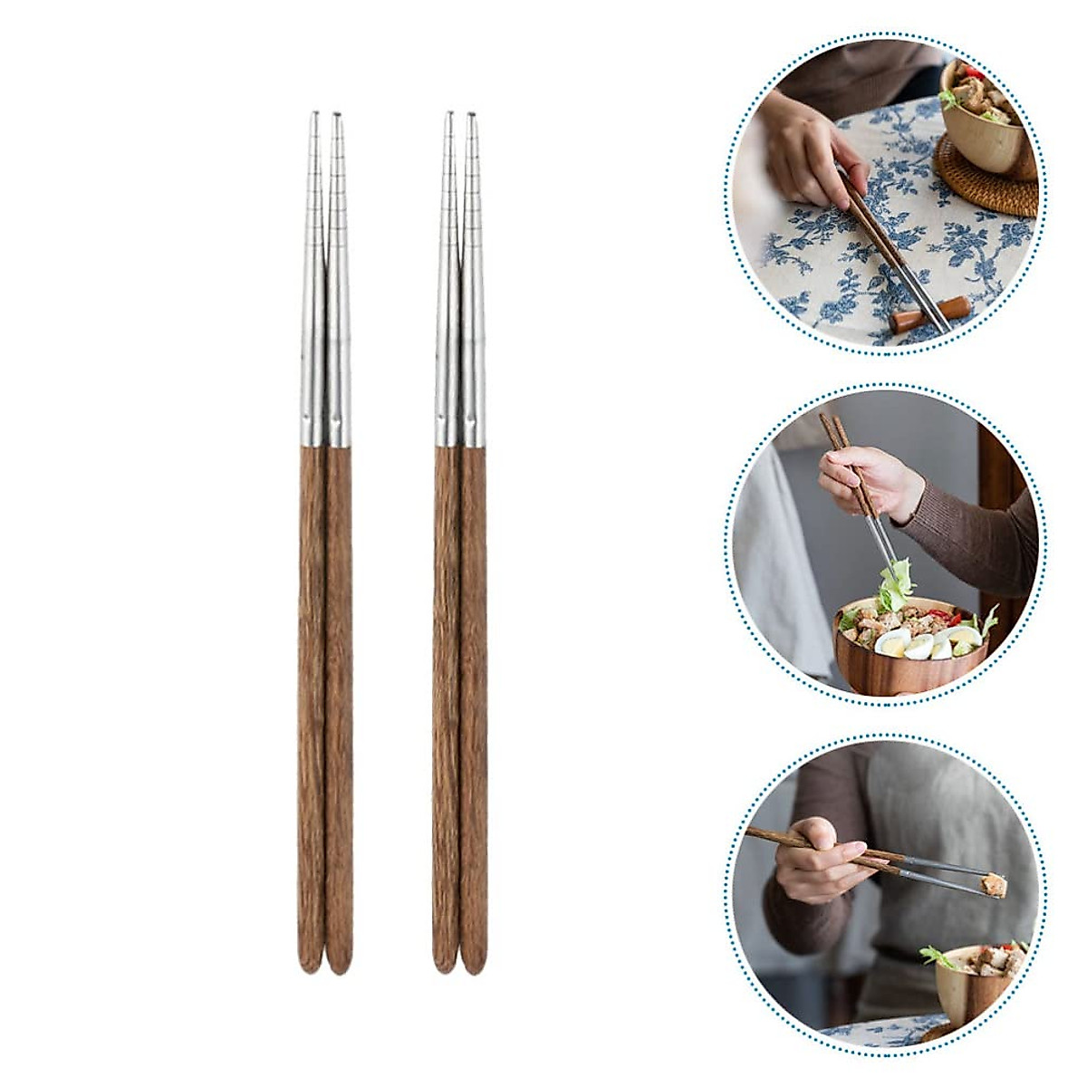 Reusable Metal Stainless Steel Chopsticks: 2 Pairs Long Cooking Chopsticks with Wooden Handle Japanese Type Sashimi Chopsticks for Home Restaurant