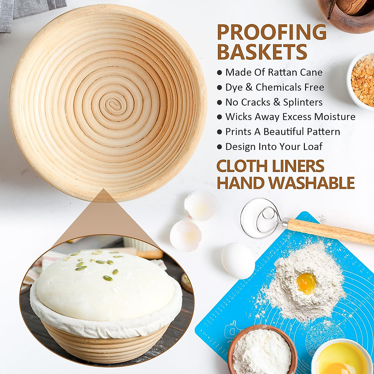 11'' Round & 10'' Oval Banneton Bread Proofing Basket Set, 32Pcs Cane Sourdough Bread Baking Supplies with Bread Lame, Dough Scraper, Linen Liner, Brush Stencil, Bread Making Kit for Christmas