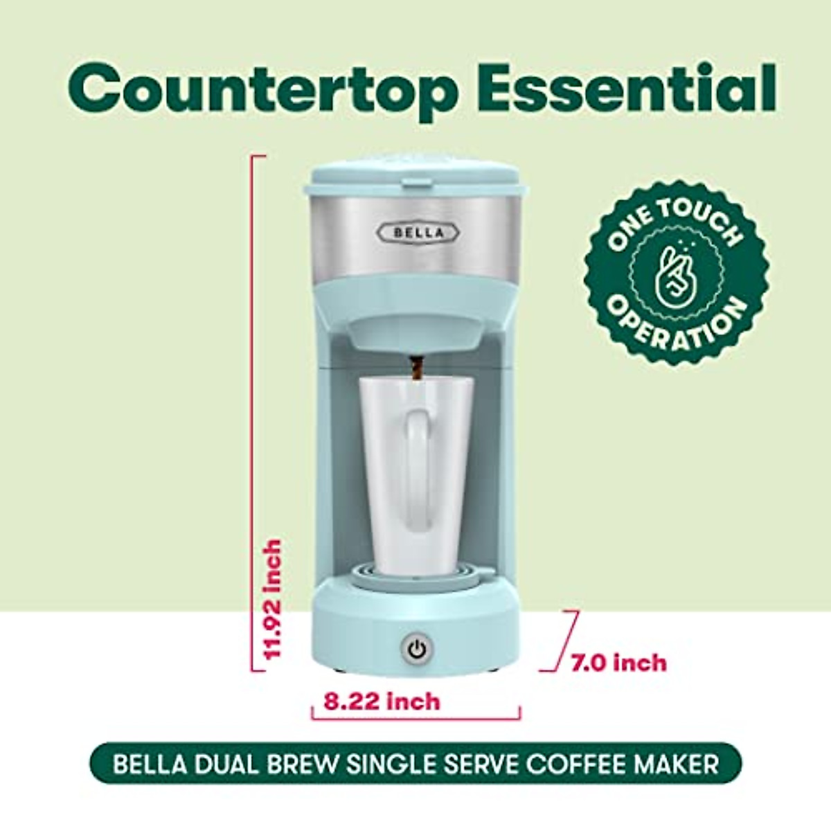 BELLA Dual Brew Single Serve Coffee Maker, K-cup Compatible with Ground Coffee Basket & Adapter - Carefree Auto Shut Off & Adjustable Tray, 14oz, Aqua