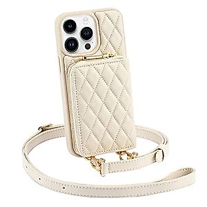 LAMEEKU Compatible with iPhone 14 Pro Wallet Case, Card Holder Case for Women Crossbody Purse Case Quilted Leather for Women RFID Case Compatible with iPhone 14 Pro, 6.1 Inch-Beige (2022)
