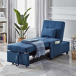 Convertible Sleeper Sofa Chair Bed, 3 in 1 Sleeper Chair Bed Ottoman with Adjustable Backrest, Pull Out Chair Bed with Pillow and Pocket, Sleeper Chair for Living Room, Apartment, Office (Blue)