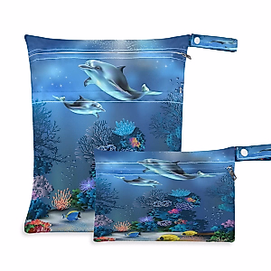 2pcs Underwater Dolphins Cloth Diaper Wet Dry Bag Waterproof Reusable Wet Dry Organizer,Sea Fishes Coral Washable Wet Bag with Two Zippered Pockets for Travel Beach Gym Swimsuits Toiletries
