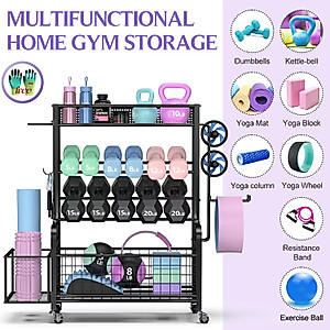 Dumbbell Rack, Weight Rack for Dumbbells, Home Gym Storage Rack for Yoga Mat Kettlebells Balls and Strength Training Equipment, Weight Storage Holder Rack for Dumbbells with Wheels and Hooks