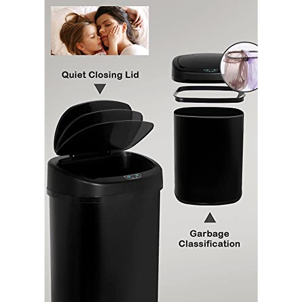 BIQWBIC 50L/13Gal Automatic Trash Can for Home and Kitchen, Large Stainless Steel Kitchen Trash Can Motion Sensor Garbage Can Fingerprint-Resistant Trash Cans, Soft Close Lid (Black)