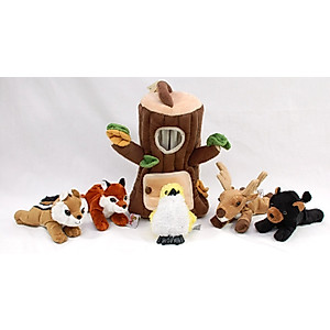 Special Edition Plush Treehouse with Animals - Tree Stump + Five (5) Stuffed Forest Animals (Fox, Elk, Bird, Black Bear, and Chipmunk)