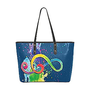 Watercolor Music Note Blue Personalized Leather Tote Bag Large Capacity Handbag