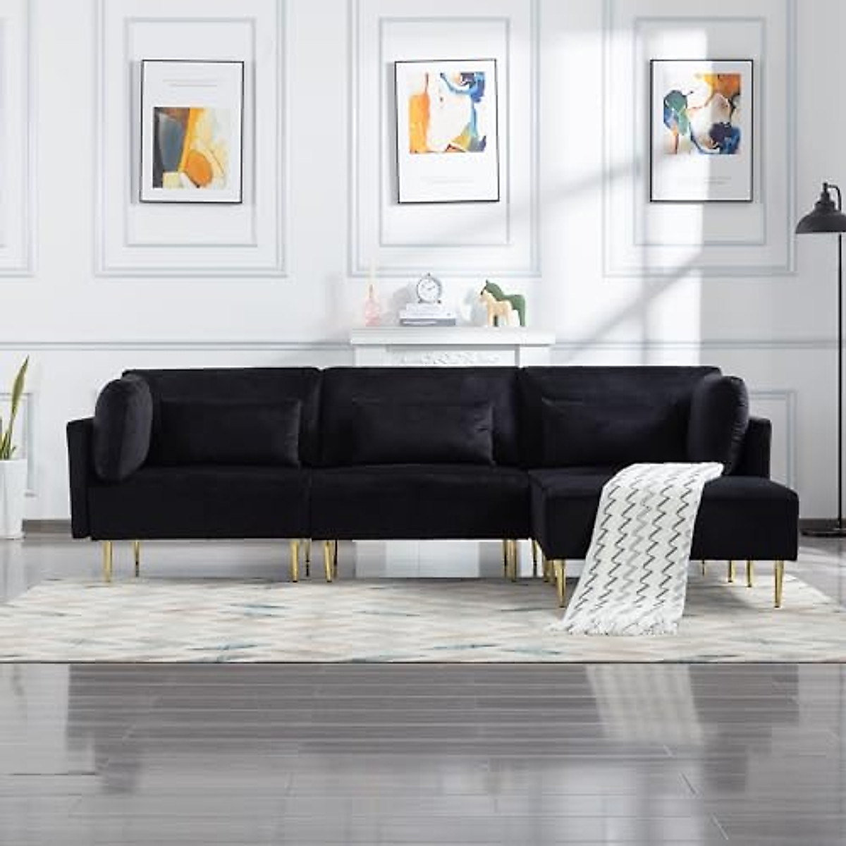 FULife Convertible Modular Sectional Sofa L-Shaped Corner Couch 4-Seat Sofá Reversible Velvet Upholstered Chaise Lounge Couches with Movable Ottoman&Lumbar Pillows for Living Room Apartment Office