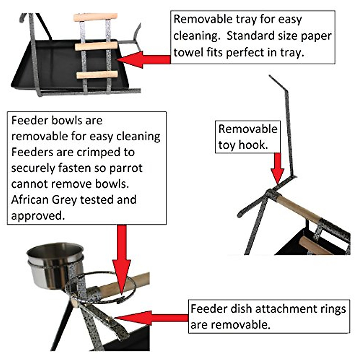 Parrot Bird Perch Table Top Stand Metal Wood 2 Steel Cups Play for Medium and Large Breeds 17.5" x 12.5" x 11"