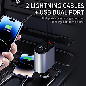 Retractable Car Charger, 4 in 1 Fast Car Phone Charger 66W, 2 Retractable iPhone Cables and USB Car Charger,Compatible with iPhone 15/14/13/12/11,Galaxy,Pixel