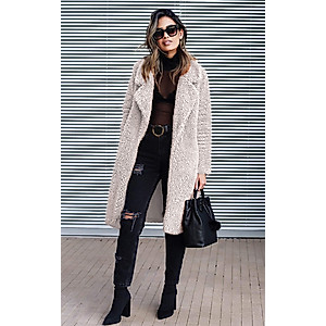 Angashion Women's Fuzzy Fleece Lapel Open Front Long Cardigan Coat Faux Fur Warm Winter Outwear Jackets Light Beige M