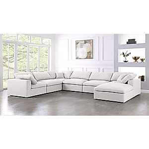 Meridian Furniture Serene Collection Modern | Contemporary Deluxe Comfort Modular Sectional, Soft Linen Textured Fabric, Down Cushions, 3 Corner + 3 Armless + 1 Ottoman, Cream