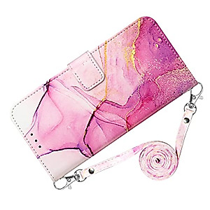 ONV Wallet Case for Samsung Galaxy Z Fold 3 5G - Long Neck Lanyard Marble Painted Stand Card Slot Leather Flip Case + TPU Inner Shell Cover for Samsung Galaxy Z Fold 3 5G [Marble] -PinkPink