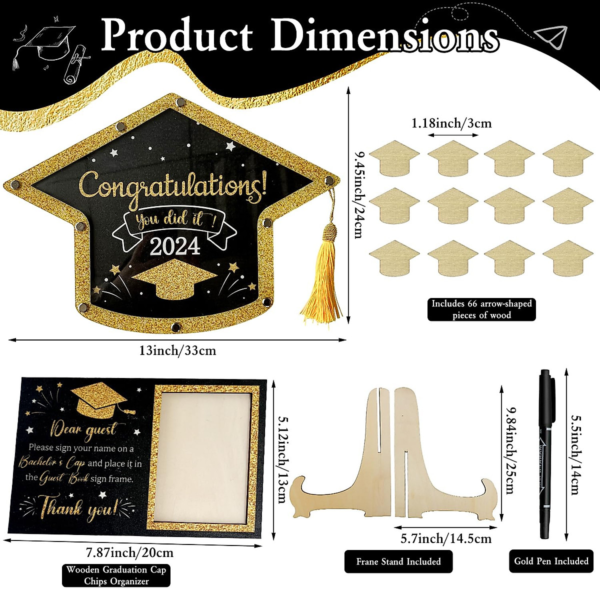 Huaerle Graduation Guest Book, Congrats Graduation Guest Book with 66 Wooden Grad Cap, 2024 Graduation Party Sign in Reception Alternative, Class of 2024 Picture Frame Congrats Graduation Party Decor