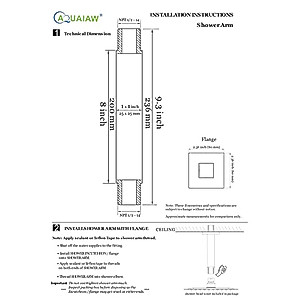 Aquaiaw Square Shower Arm and Anti-Scratch O-Ring Flange, 8 inch, Solid Brass, Both Soldered 1/2 NPT Tapered Threads, Straight Rainfall Shower Head Arm Extension, Ceiling Mount Arm (Brushed Gold)